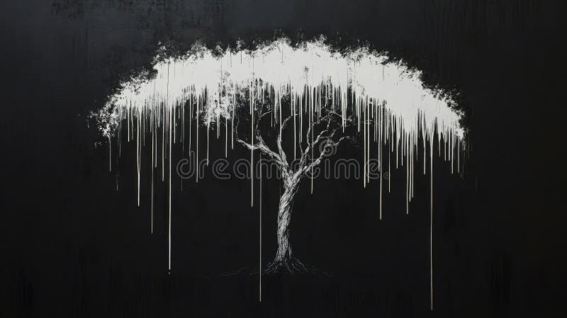Abstract Weeping Tree Silhouette in White Paint on Black Stock ...