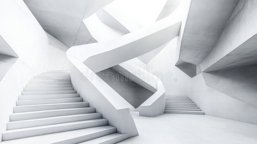 Abstract White Architectural Interior with Complex Stairs Stock ...