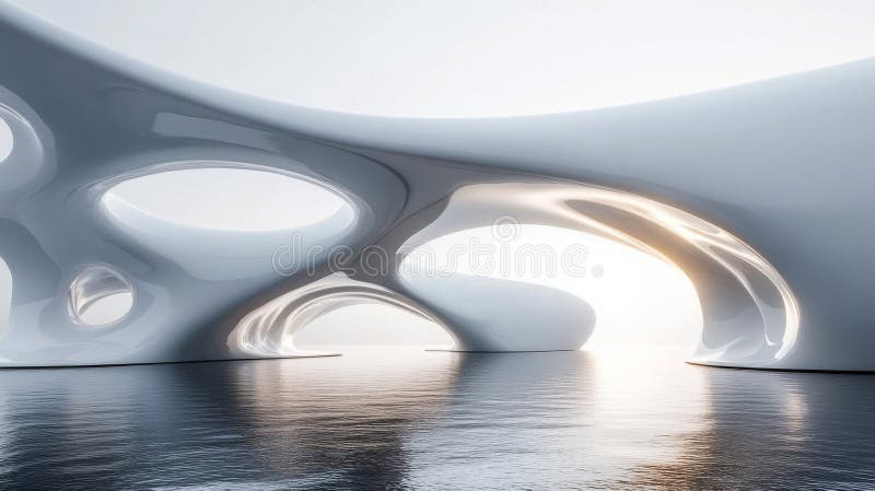 Abstract White Architectural Structure Over Water at Sunrise Stock ...