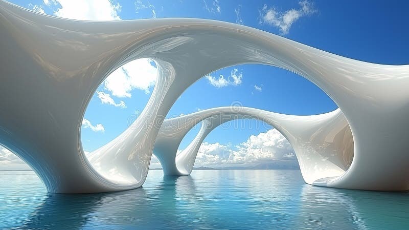 Abstract White Archway Structure Over Water with Blue Sky and Clouds ...