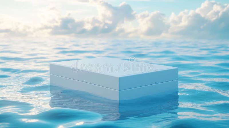 Abstract White Cube Floating on Calm Blue Ocean Under Cloudy Sky ...