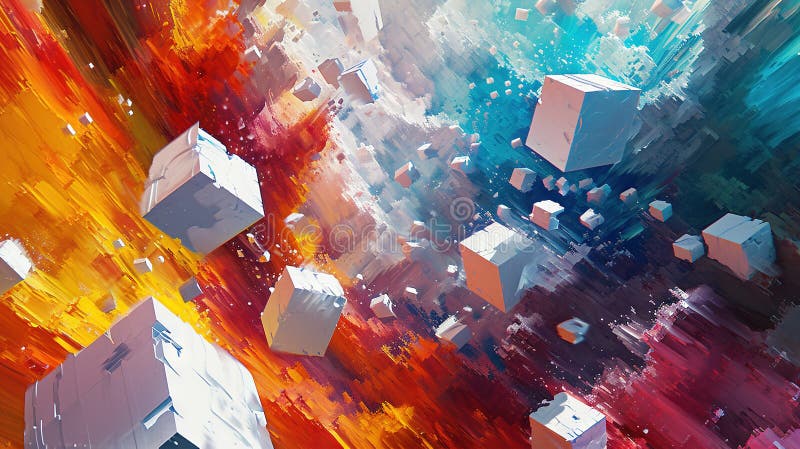 Abstract White Cubes Flying into Color Burst of Paint Stock Photo ...