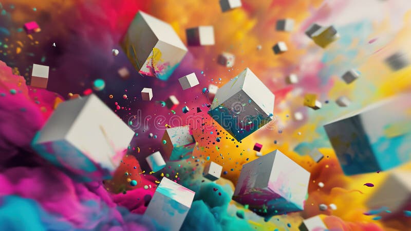 Abstract White Cubes Flying into Color Burst of Paint Stock Photo ...