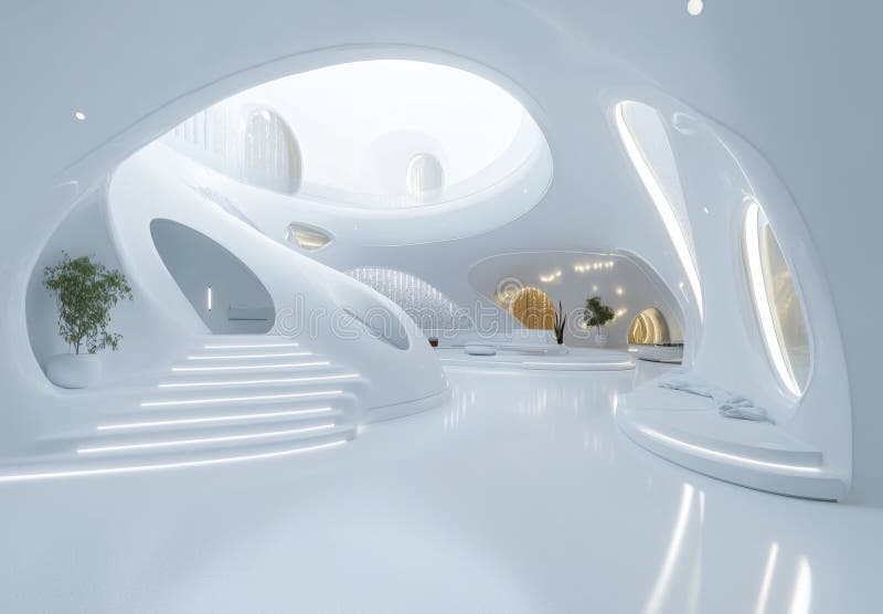 Abstract White Interior with Winding Staircase and Subtle Lighting ...