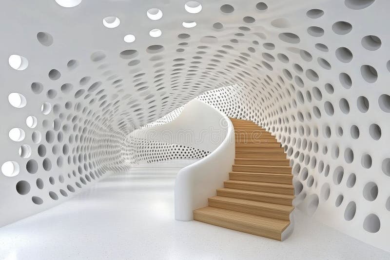 Abstract White Interior with Wooden Spiral Staircase and Perforated ...