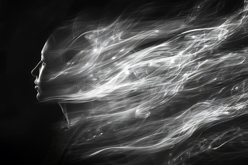 Abstract White Light Waves Flow Around a Human Profile on a Black ...