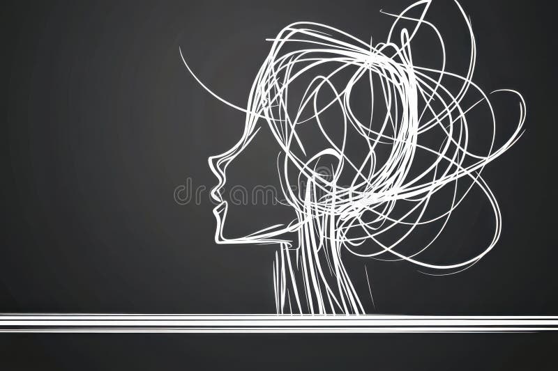 Abstract White Line Art of Female Profile on Black Background Stock ...