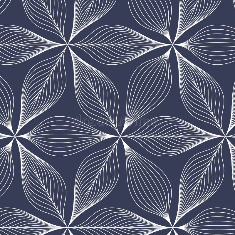 Abstract White Linear Leaves on Dark Blue Background. Vector Pattern ...