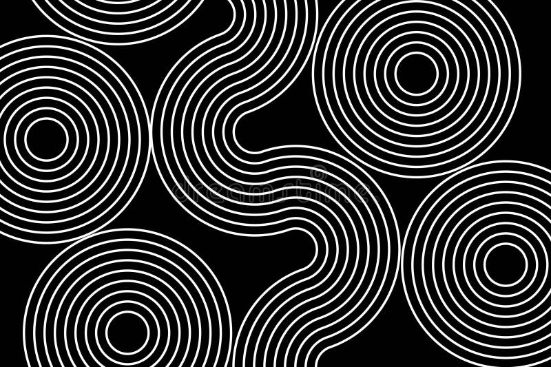 Abstract White Lines Circles on Black Background, Linear Swirls Path ...
