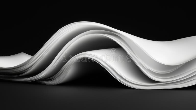 Abstract White Paper Stack Forming Smooth Waves on Black Background ...