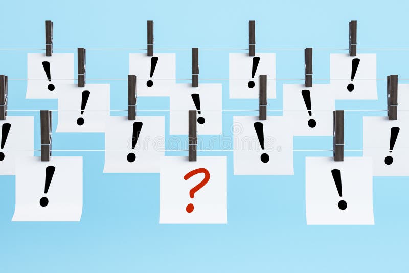 Abstract Papers with Question and Exclamation Marks Hanging on Ropes ...