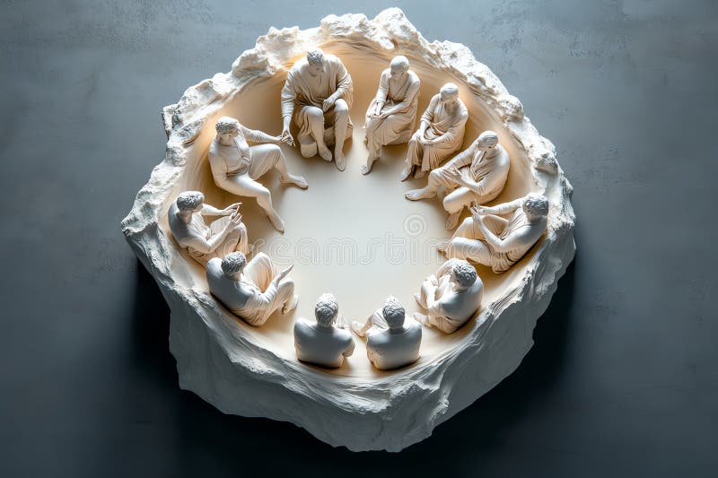 Abstract White Rounded Sculpture with Multiple Human Figures Sitting ...