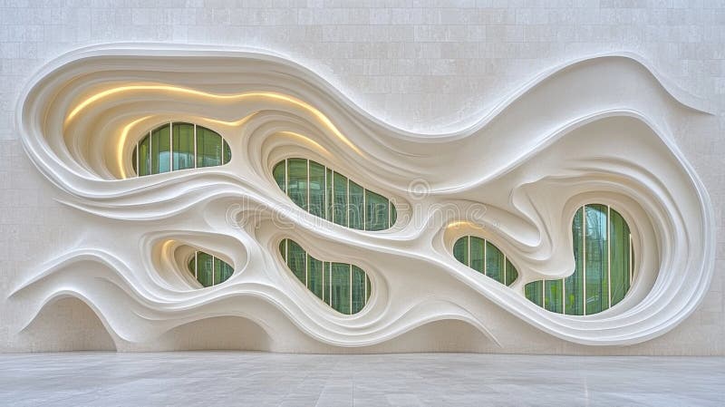 Abstract White Sculptural Wall with Organic Curves and Green Windows ...