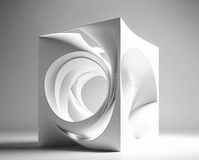 Abstract White Sculpture in the Shape of a Cube with Round Swirling ...