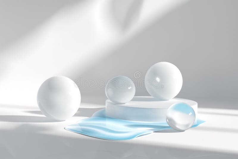 Abstract White Spheres with Blue Liquid Drops on 3D Background ...