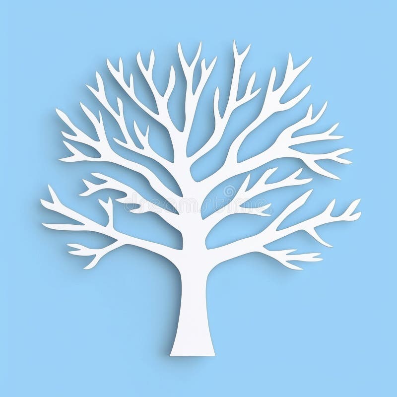 Abstract White Tree with Multiple Cut Branches on Light Blue Background ...