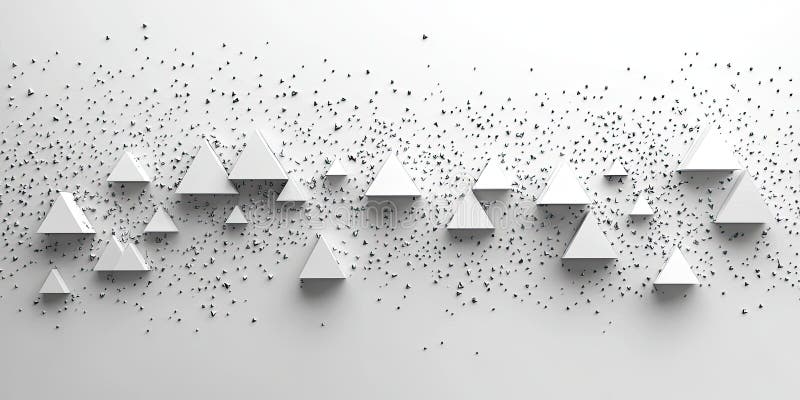 Abstract 3D White Triangles and Scattered Fragments on White Background ...