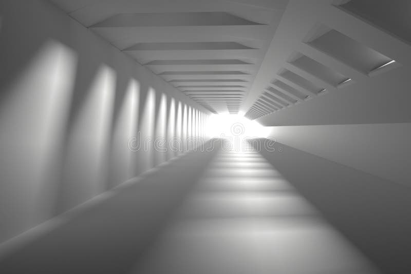 Abstract White Tunnel with Windows and Light at the End. 3D Rendering ...