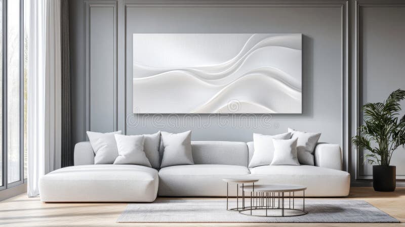 Abstract White Wave Wall Art in Modern Living Room Stock Illustration ...