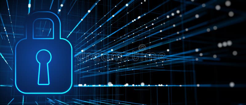 Abstract Wide Blue Digital Mesh Background with Glowing Padlock Icon ...