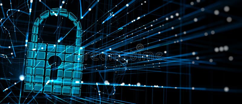 Abstract Wide Glowing Padlock Hologram on Lines Background. Secure ...