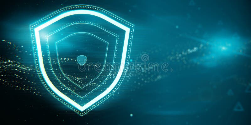 Abstract Wide Perspective Glowing Shield Hologram on Blue Backdrop with ...