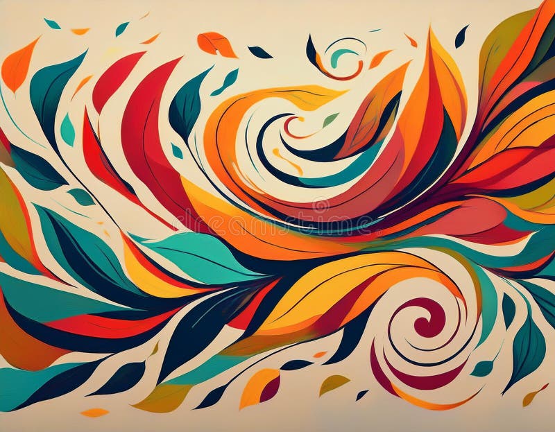 Abstract Wind and Leaves Sweeping Lines and Scattered Leaf Shapes in ...