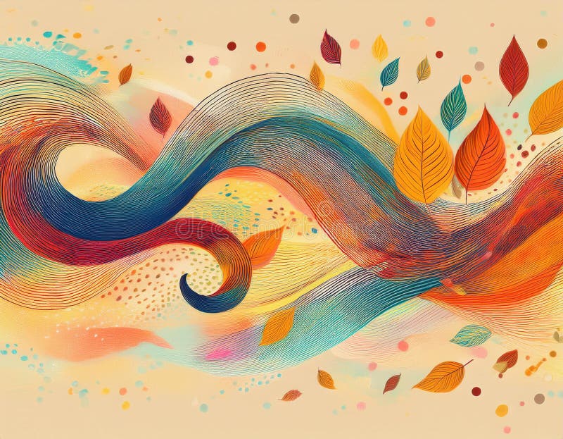 Abstract Wind and Leaves Sweeping Lines and Scattered Leaf Shapes in ...