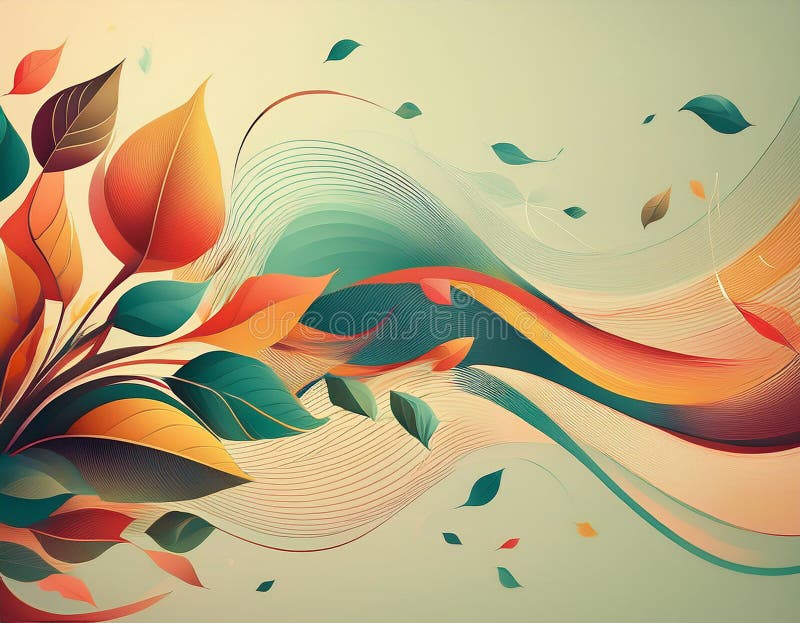 Abstract Wind and Leaves Sweeping Lines and Scattered Leaf Shapes in ...