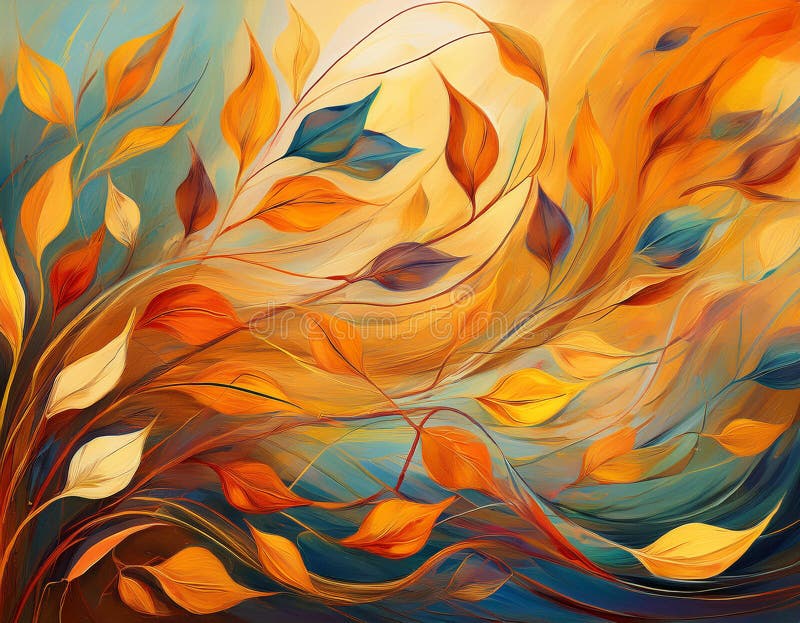 Abstract Wind and Leaves Sweeping Lines and Scattered Leaf Shapes in ...