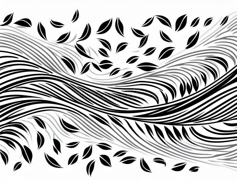 Abstract Wind and Leaves Sweeping Lines and Scattered Leaf Shapes in ...