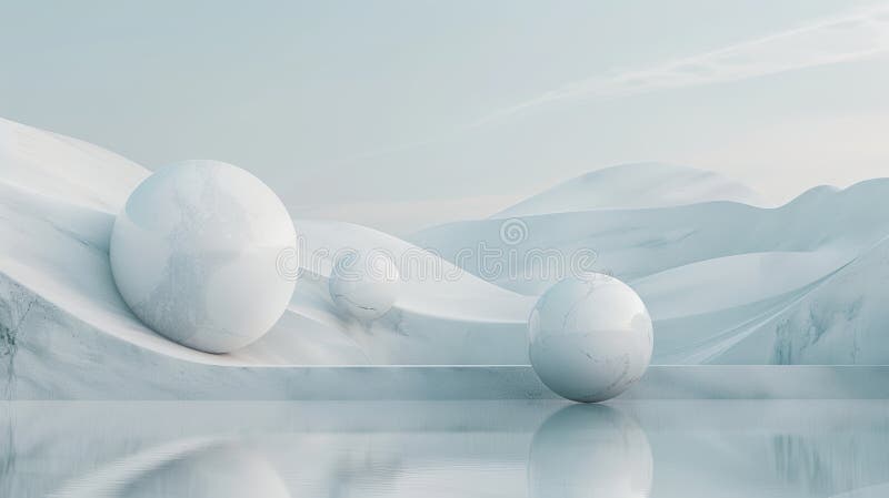 Abstract Winter Landscape with Large Spherical Objects on Snowy Hills ...