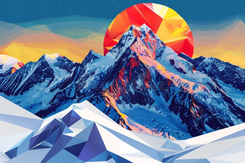 Abstract Winter Mountainscape with Bold Geometric Shapes and a Vibrant ...