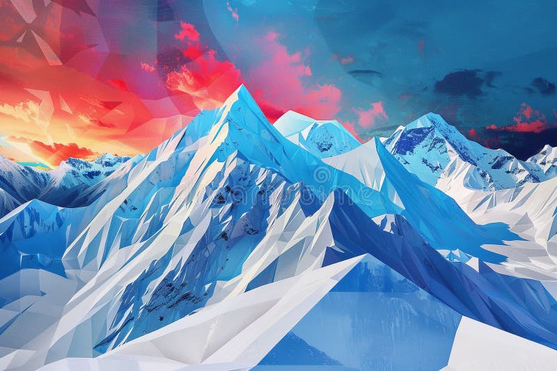 Abstract Winter Mountainscape with Bold Geometric Shapes and a Vibrant ...