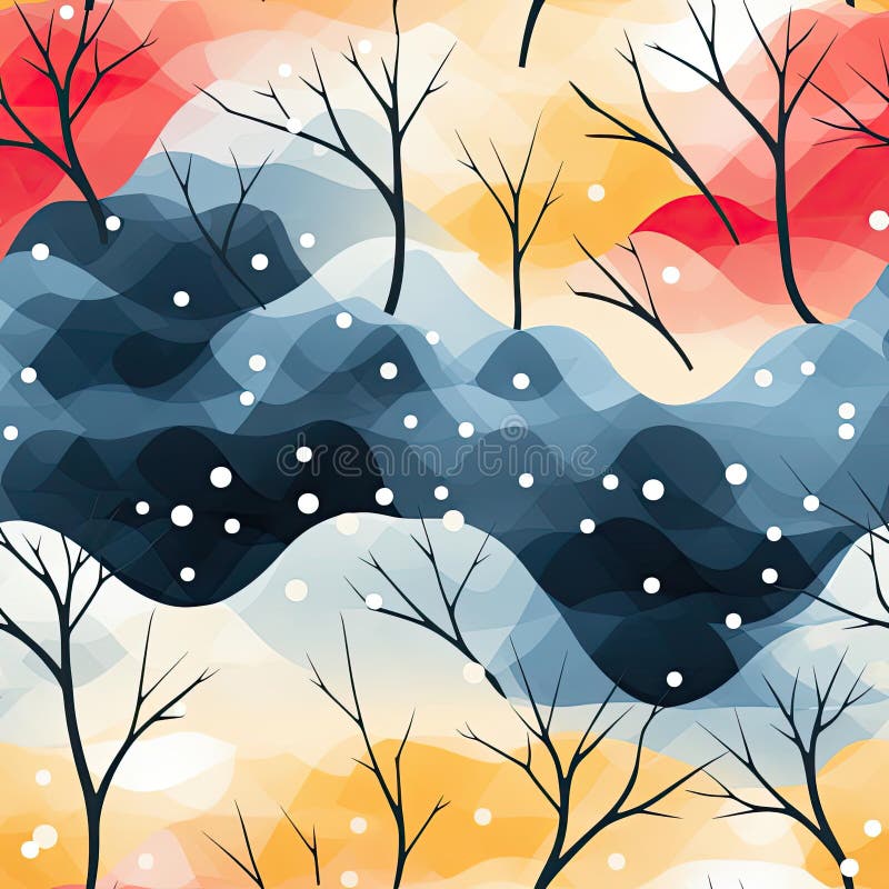 Abstract Winter Scene with Trees, Snow, and Flowing Silhouettes (tiled ...