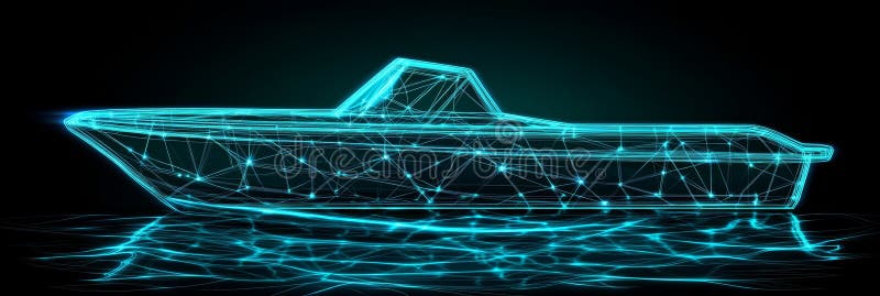 Abstract Wireframe Boat on Digital Waves, Futuristic Transportation and ...