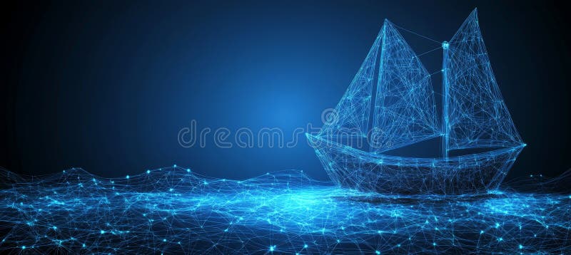 Abstract Wireframe Boat Sailing on a Blue Digital Sea Representing ...