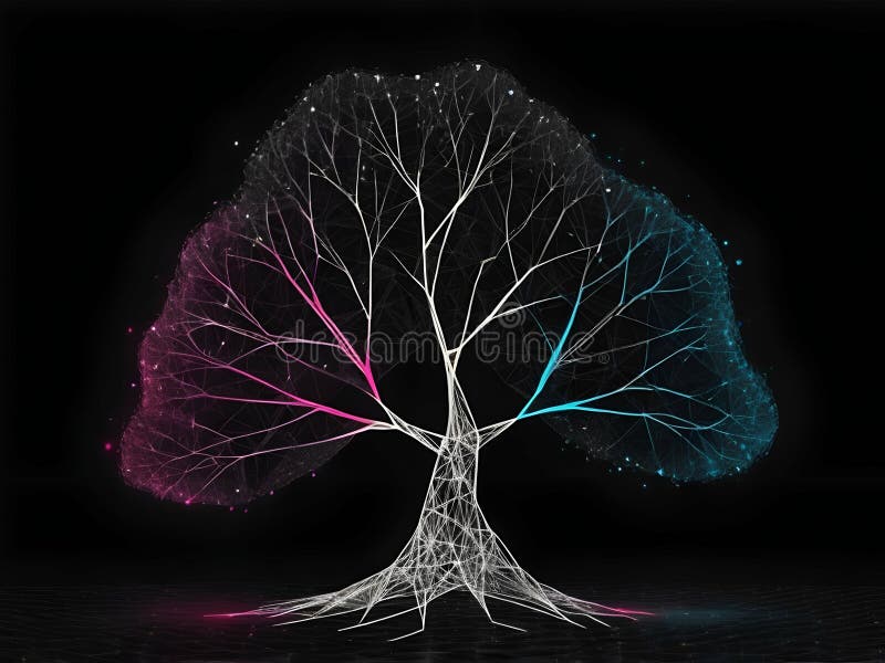 Abstract Wireframe Bright Mesh Bare Tree with Glare Effect. White Wire ...