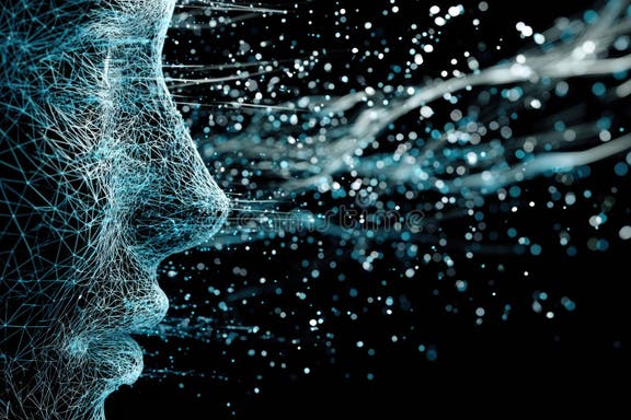Abstract Wireframe Face Dissolving into Digital Particles Creates a ...