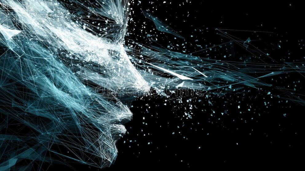 Abstract Wireframe Face Dissolving into Digital Particles Forming a ...