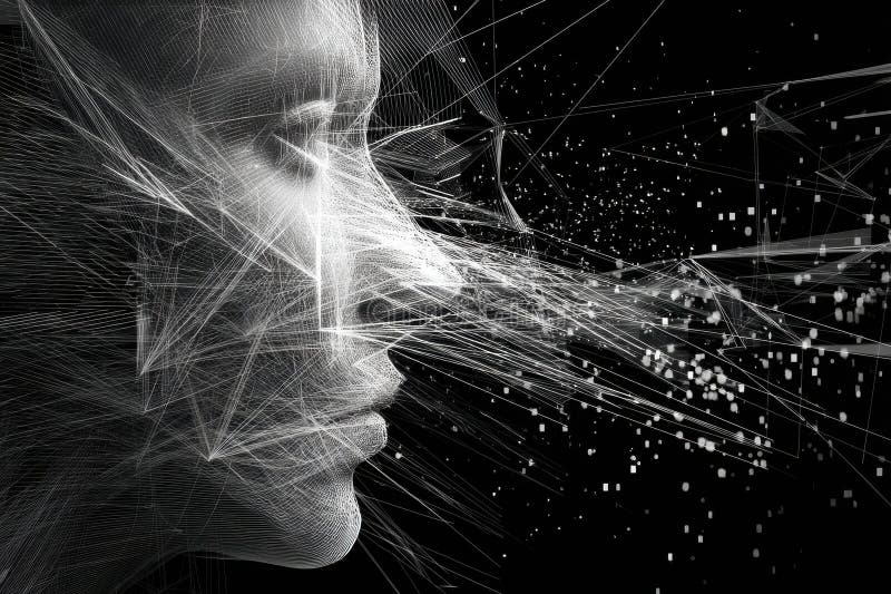 Abstract Wireframe Face Transforms into Digital Particles Against a ...