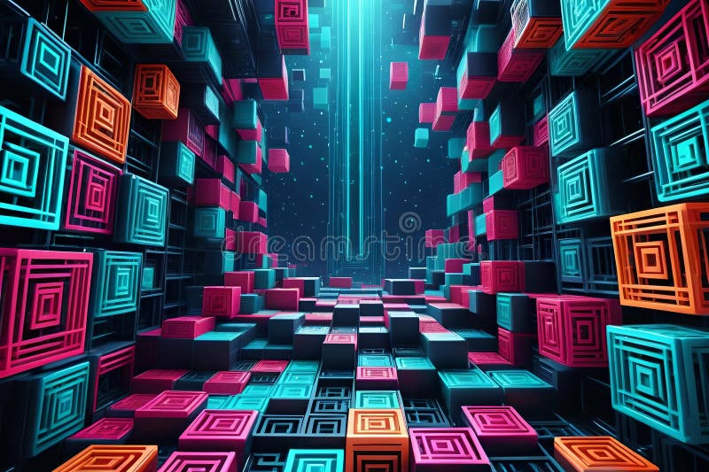 Abstract Wireframe Fantasy Pixel Blocks Technology Abstract Background ...
