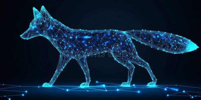 Abstract Wireframe Fox Formed by Glowing Blue Lines on Black Background ...