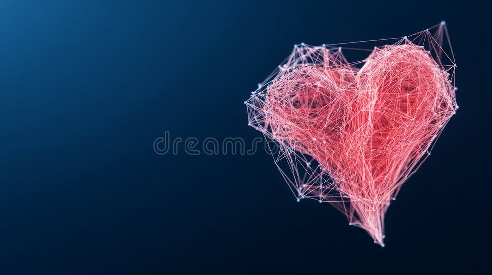 Abstract Wireframe Heart Made of Interconnected Red Glowing Strands Floating Against Dark ...