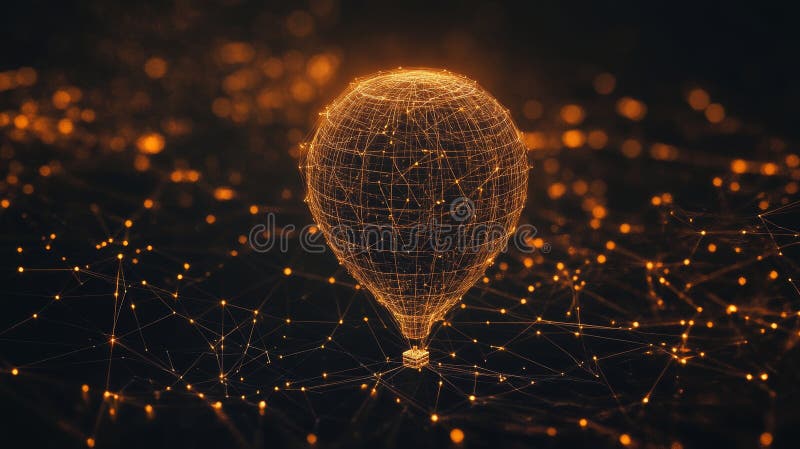 Abstract Wireframe Hot Air Balloon Over Network, Global Communication ...