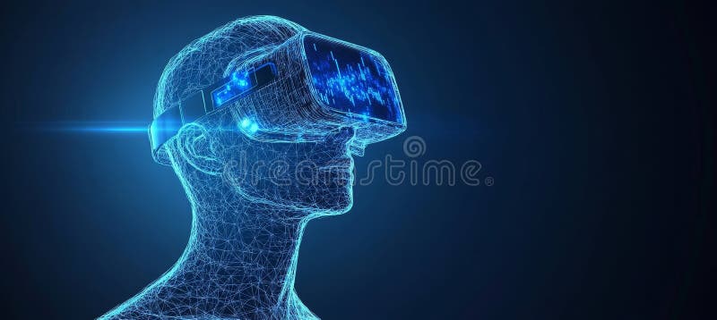 Abstract Wireframe Human Head Wearing VR Headset Experiencing Virtual ...