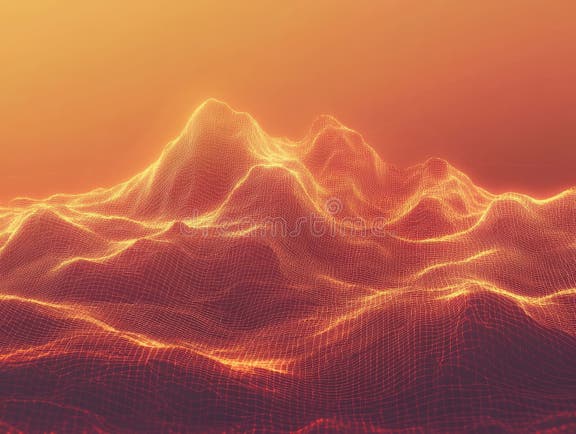 Abstract Wireframe Mountain Landscape Orange Gradient, 3D Render ...