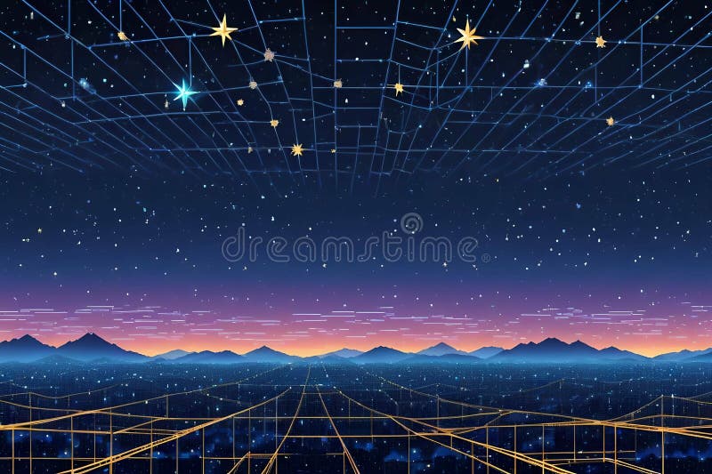 Abstract Wireframe Pixel Art Star Sky at Evening Background Stock ...