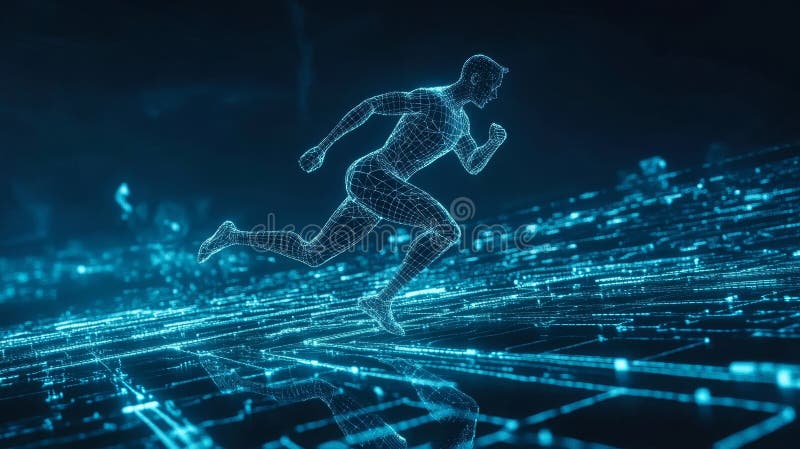 Abstract Wireframe of a Running Human in Digital Cityscape, Technology ...