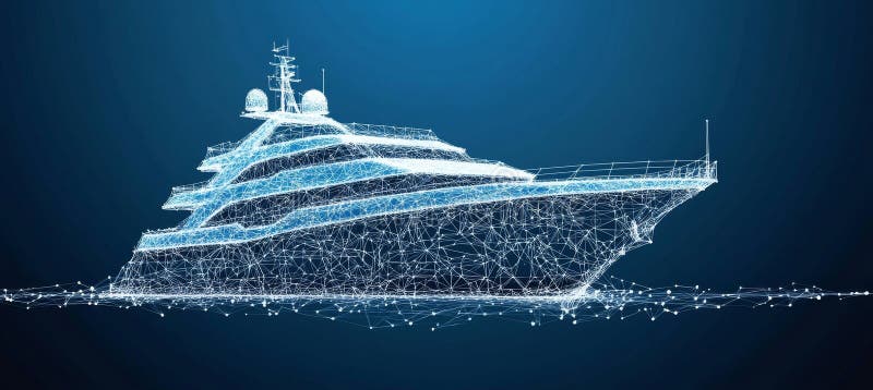 Abstract Wireframe Yacht on Blue, Technology Background 3D Illustration ...